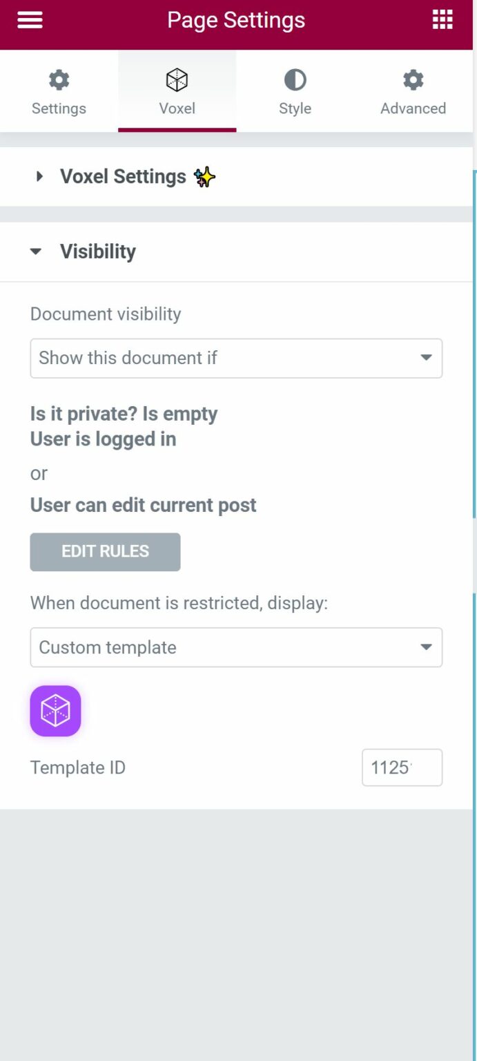 Custom template in Visibility options – VOXEL